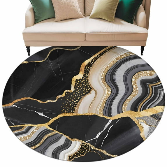 Black Gold Marble Round Area Rug 5ft Glitter Geometric Marble Foil ...