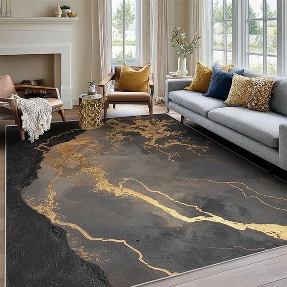 Black Gold Marble Rug, Modern Abstract Cool Area Rugs for Living Room ...