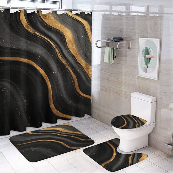 Black And Gold Marble Shower Curtain 4 Piece Sets Shower Curtain Set ...