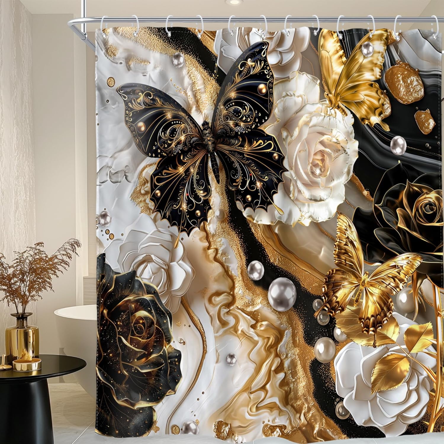 Black and Gold Marble Shower Curtain Butterfly Rose Floral Pearl ...
