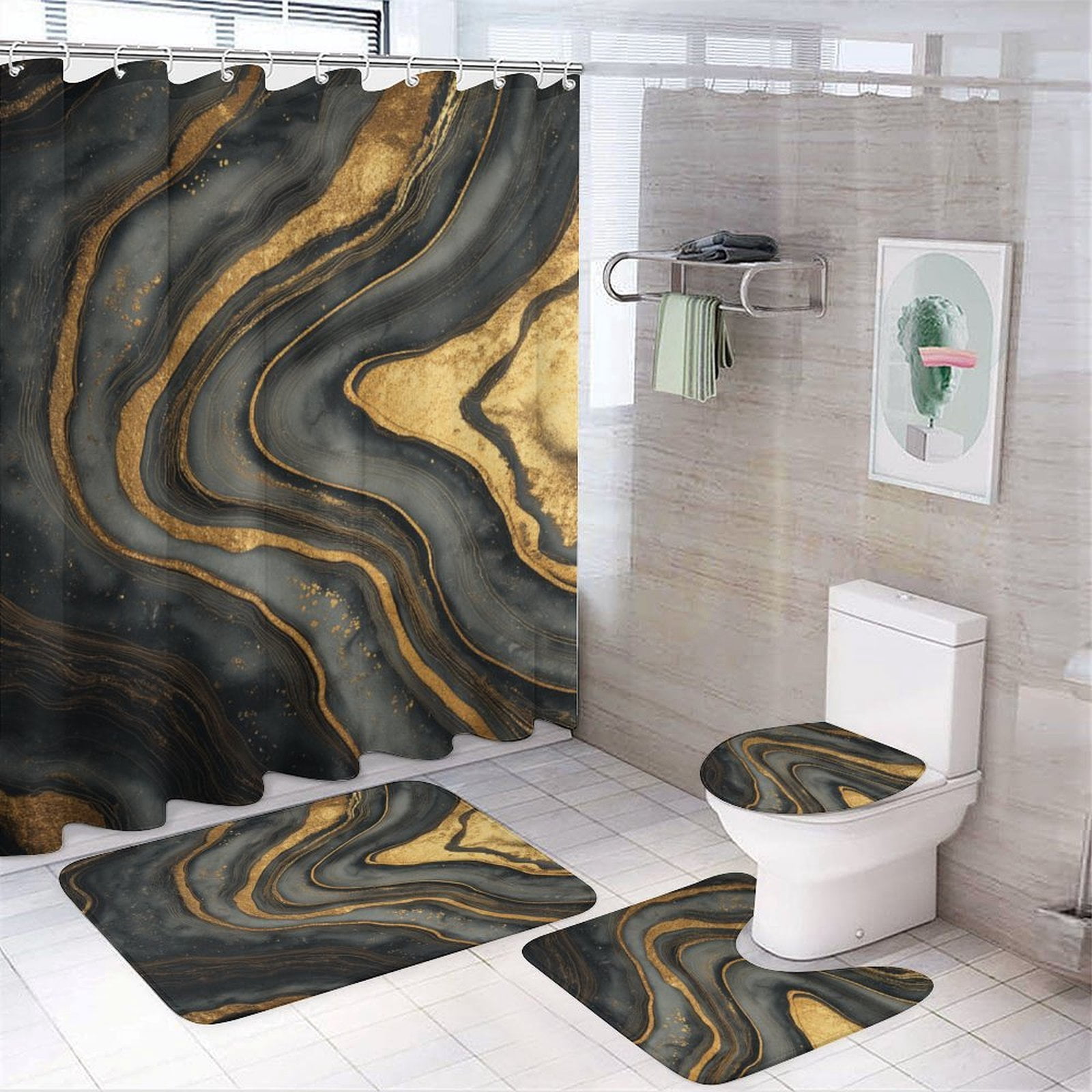 Black And Gold Marble Shower Curtain Sets 4 Piece Non-Slip Rugs And ...
