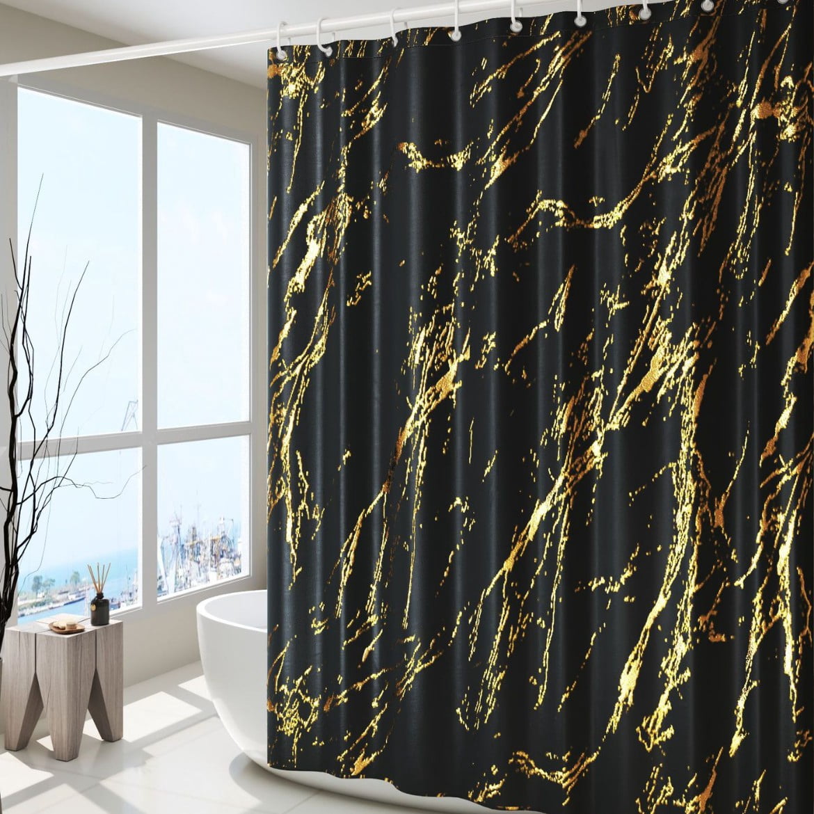 Black & Gold Marble Shower Curtain, Waterproof Fabric, Modern Luxury ...