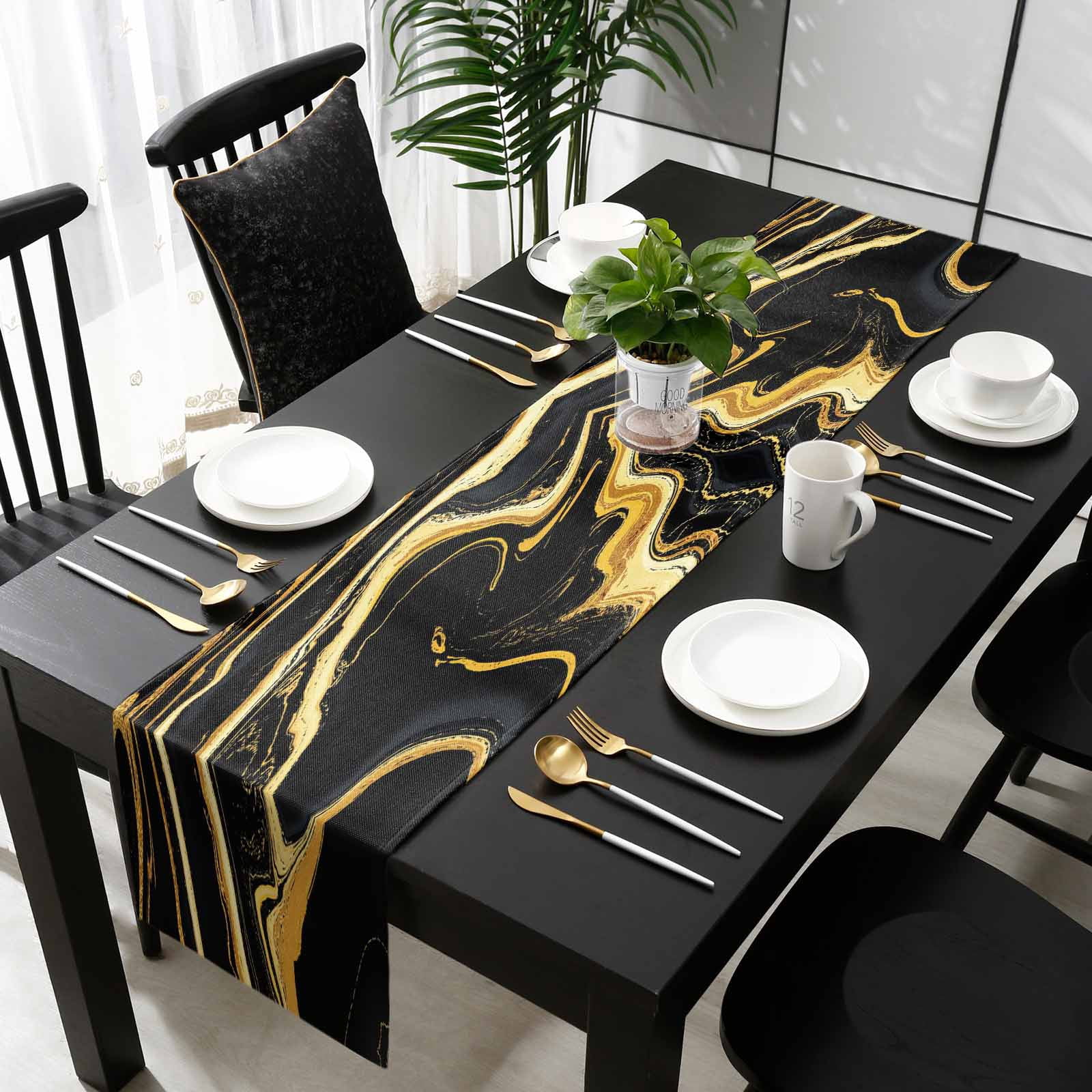 Black Gold Marble Table Runner 72 Inches Long, Modern Geometric ...