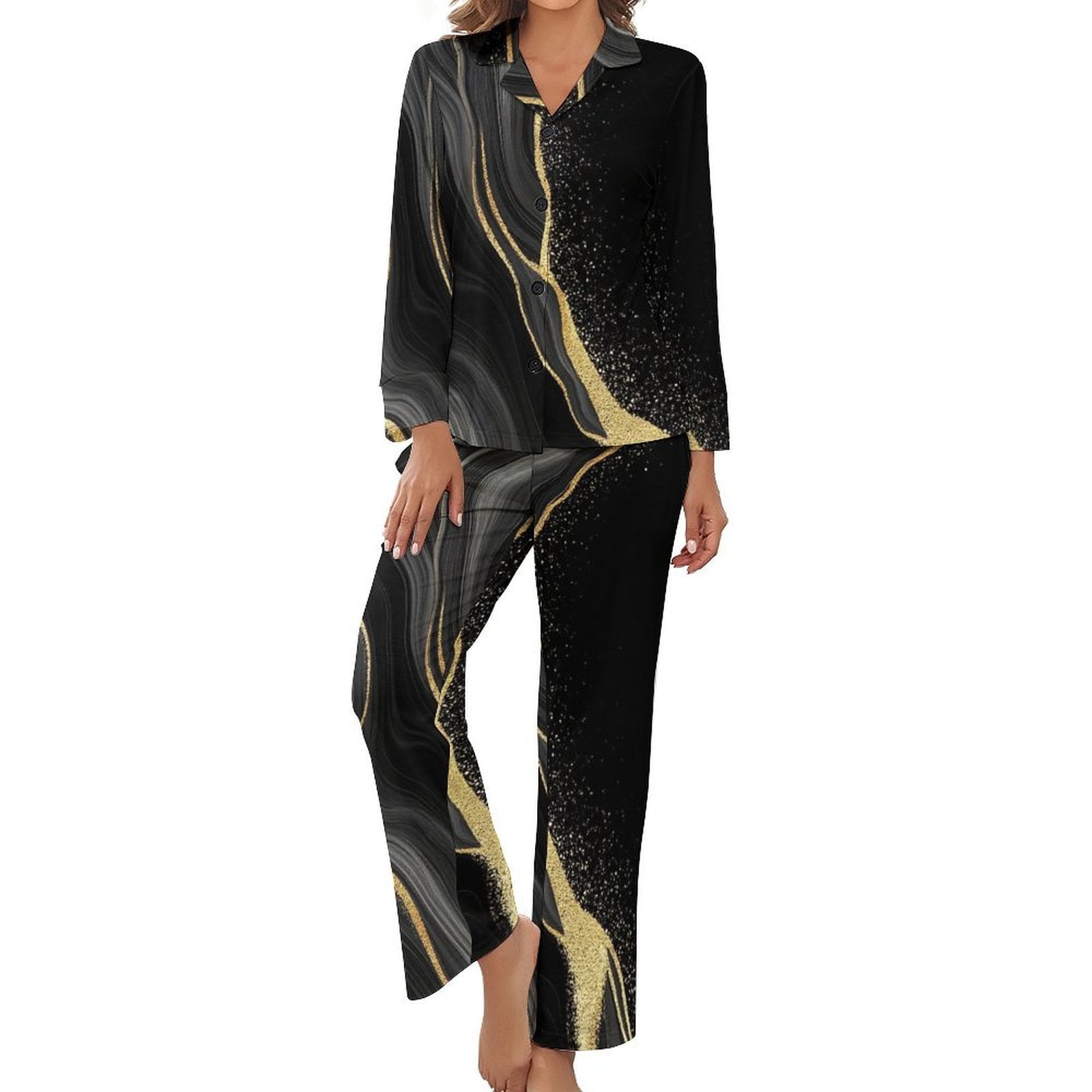 Black Gold Marble Texture_1 Pajamas Woman Vintage Pajamas Set 2 Piece ...