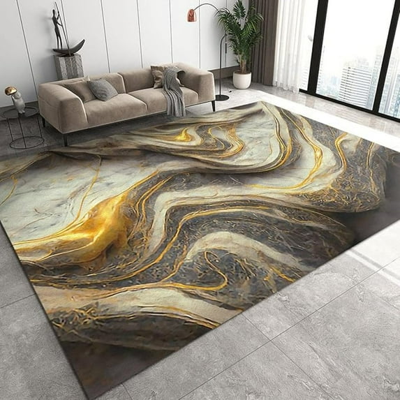 Black Gold Marble Texture Area Rug, Abstract Geometric Golden Line Art ...