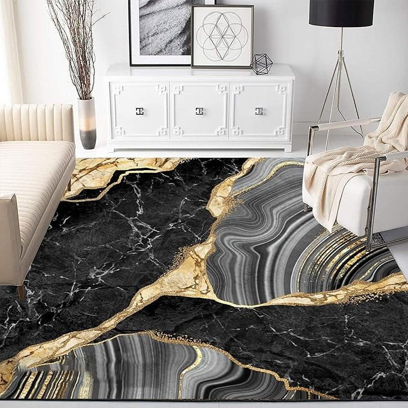Nordic Modern Abstract Marble Area Rugs, Black Gold Abstract Luxury ...
