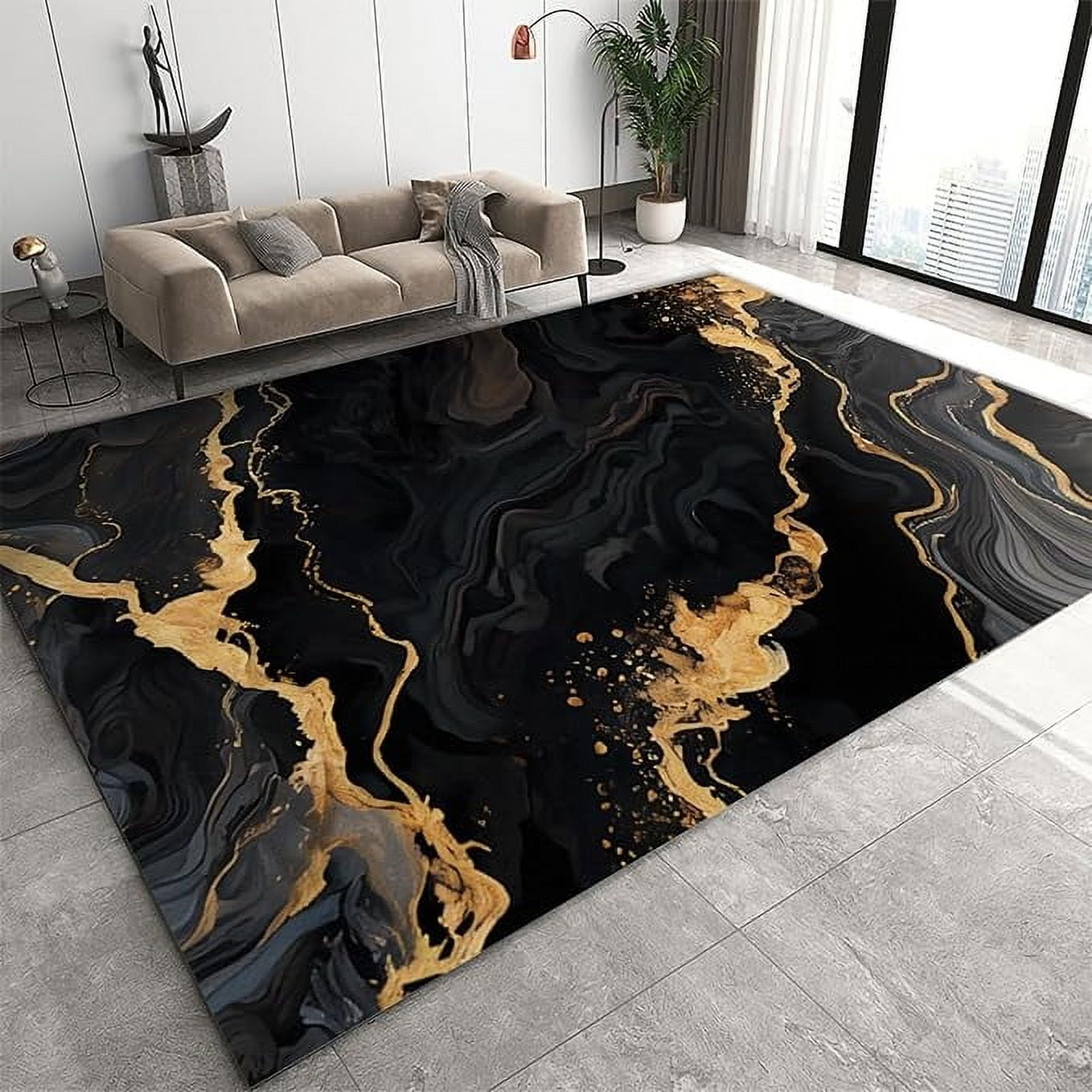 Black Gold Marble Texture Area Rug, Modern Gold Foil Agate Stripes Rugs ...