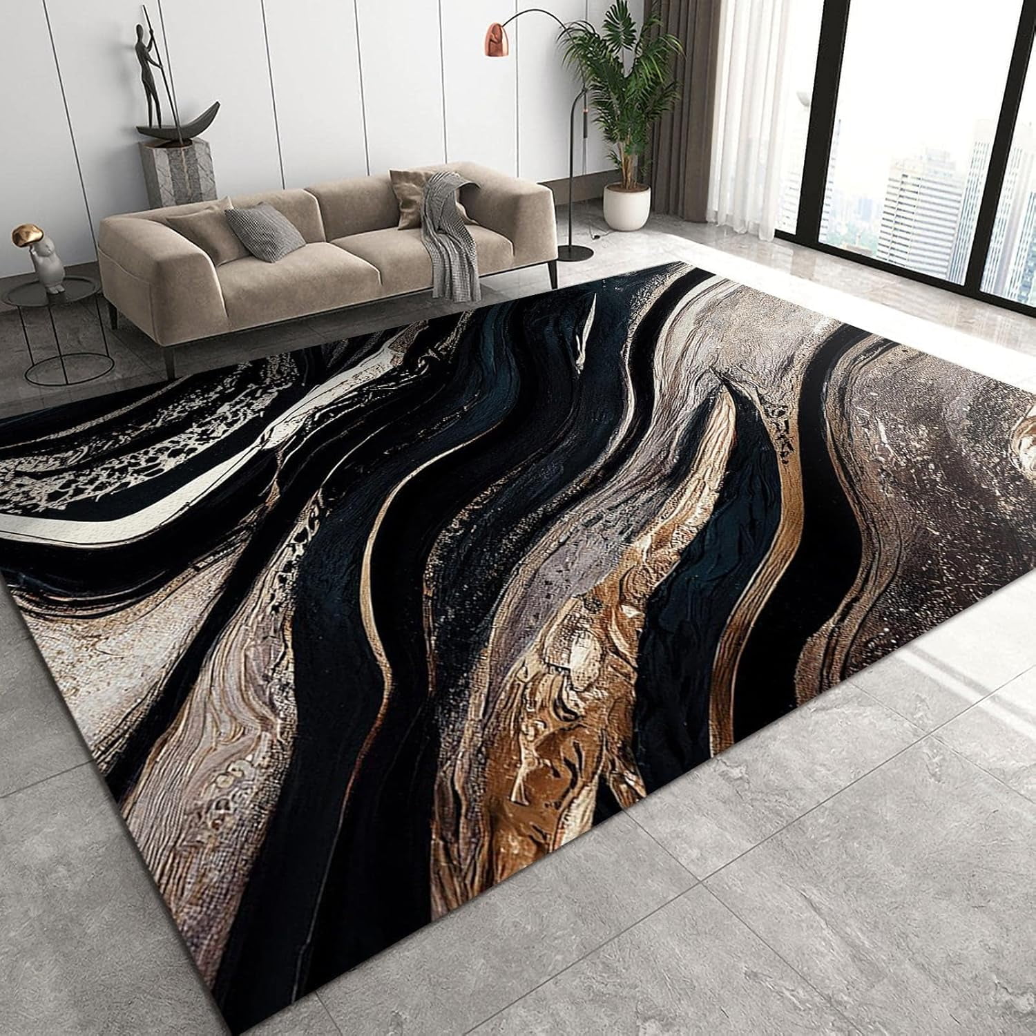 Black Gold Marble Texture Area Rug, Retro Abstract Minimalism Indoor ...