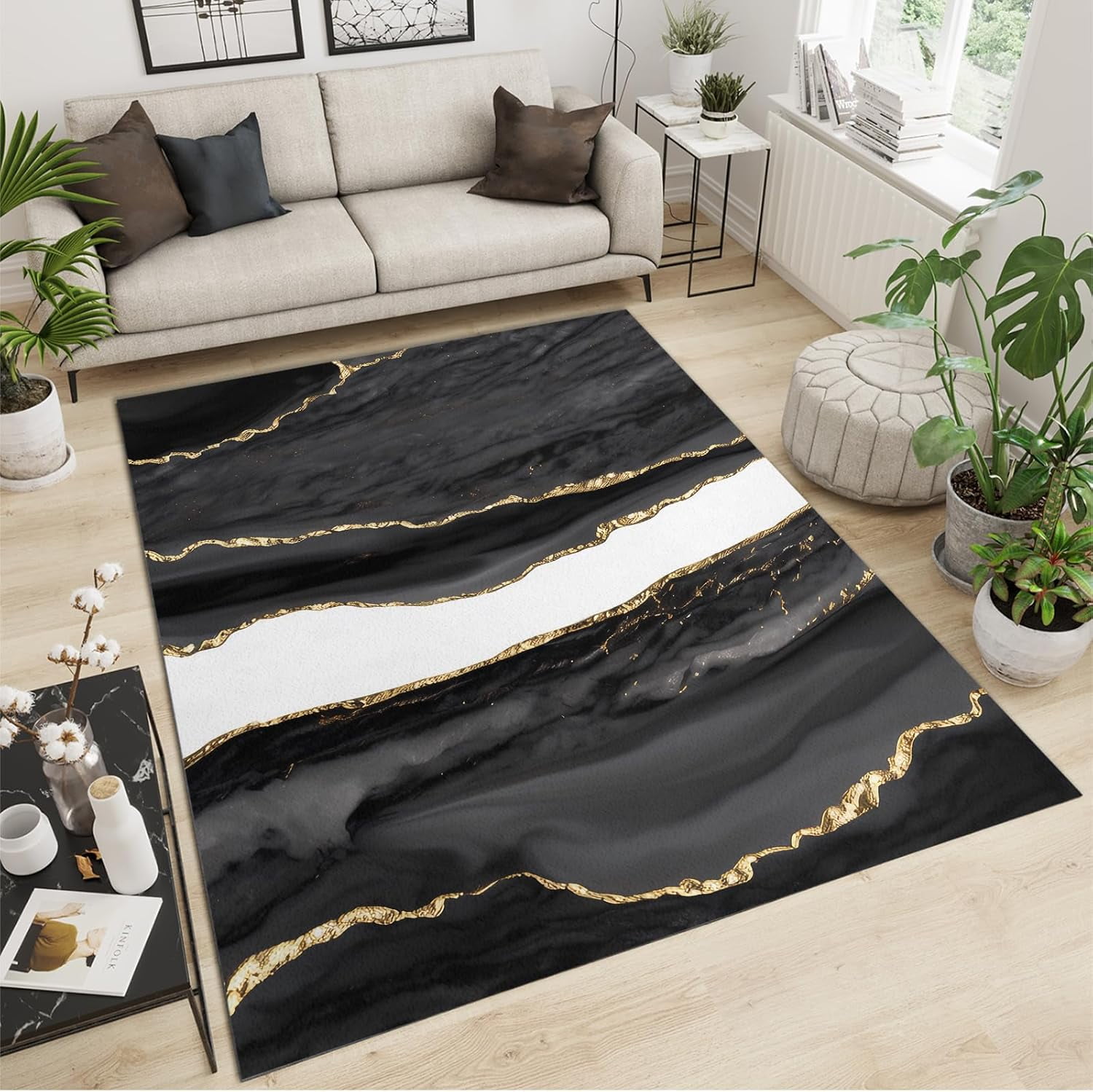 Black Gold Marble Texture Area Rug, Retro Gradient Abstract Low-Pile ...