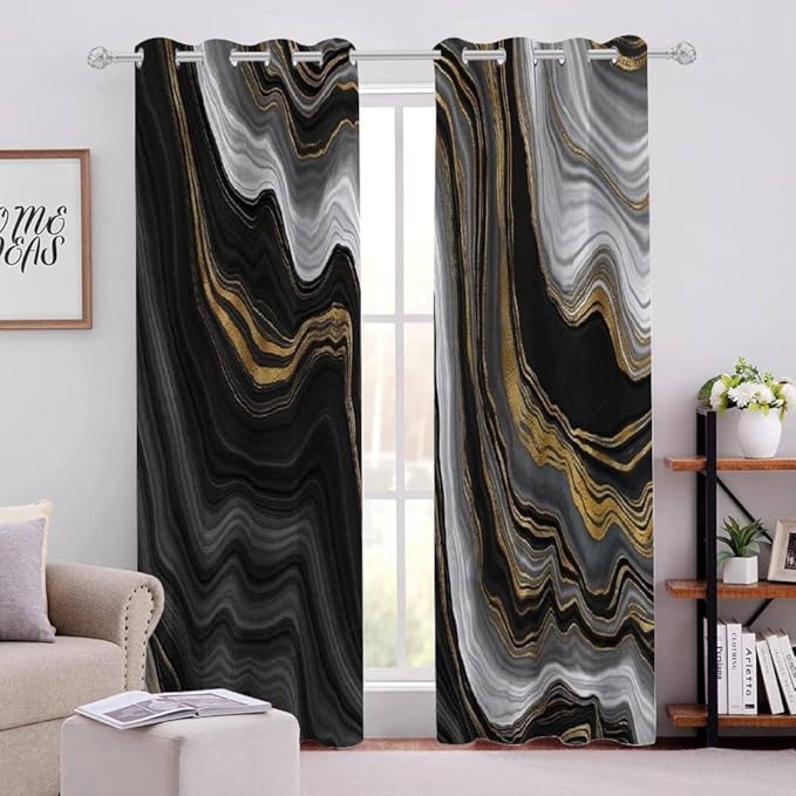 Black And Gold Marble Texture Blackout Curtains, Gradient Layer Bright Luxurious Darkening ...