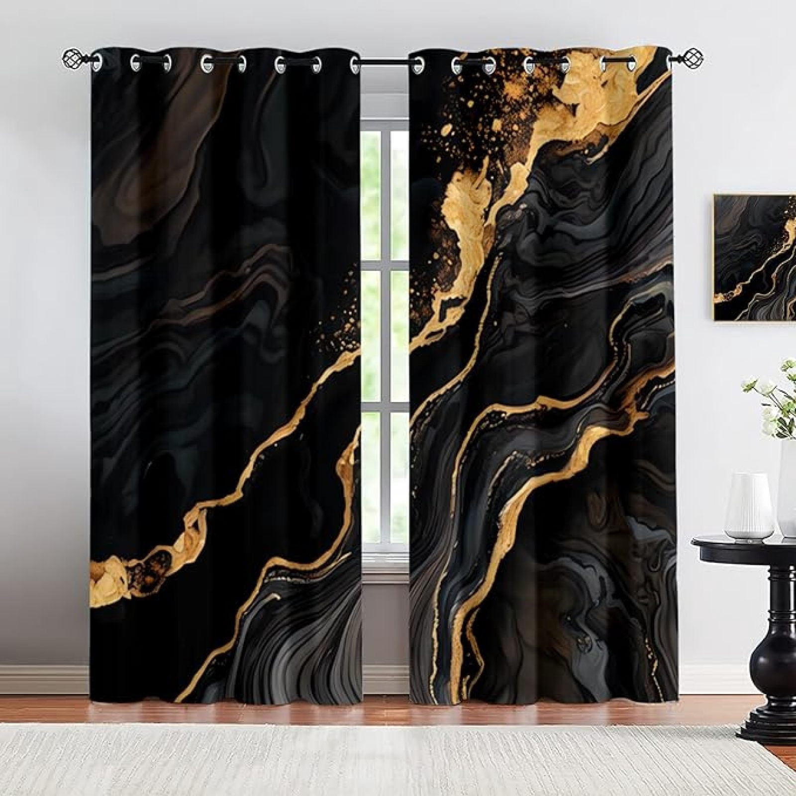 Black Gold Marble Texture Curtains For Bedroom, Modern Gold Foil Fluid ...