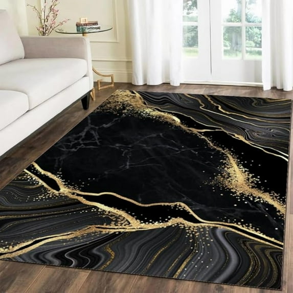 Black Gold Marble Texture Indoor Area Rug, Luxurious Abstract Gold Leaf ...