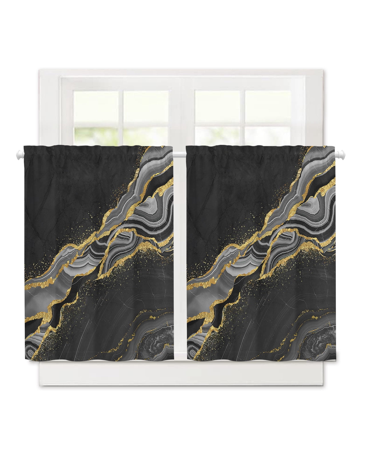 Black Gold Marble Texture Pattern Short Blackout Curtains 36 Inch Long ...