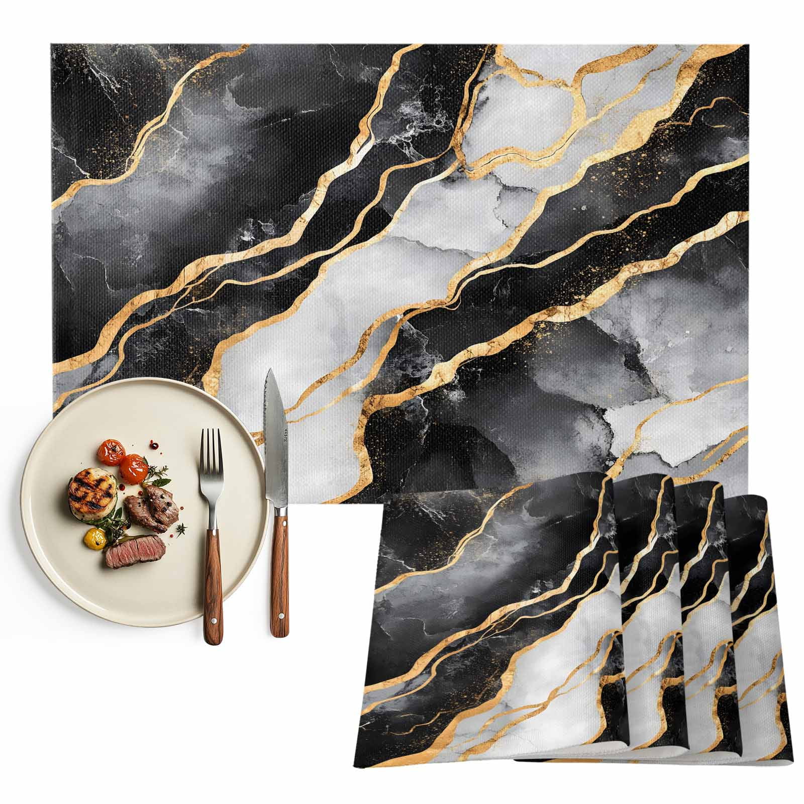 Black and Gold Marble Texture Placemats Set of 4, Abstract Lines Table Mats Washable Heat ...