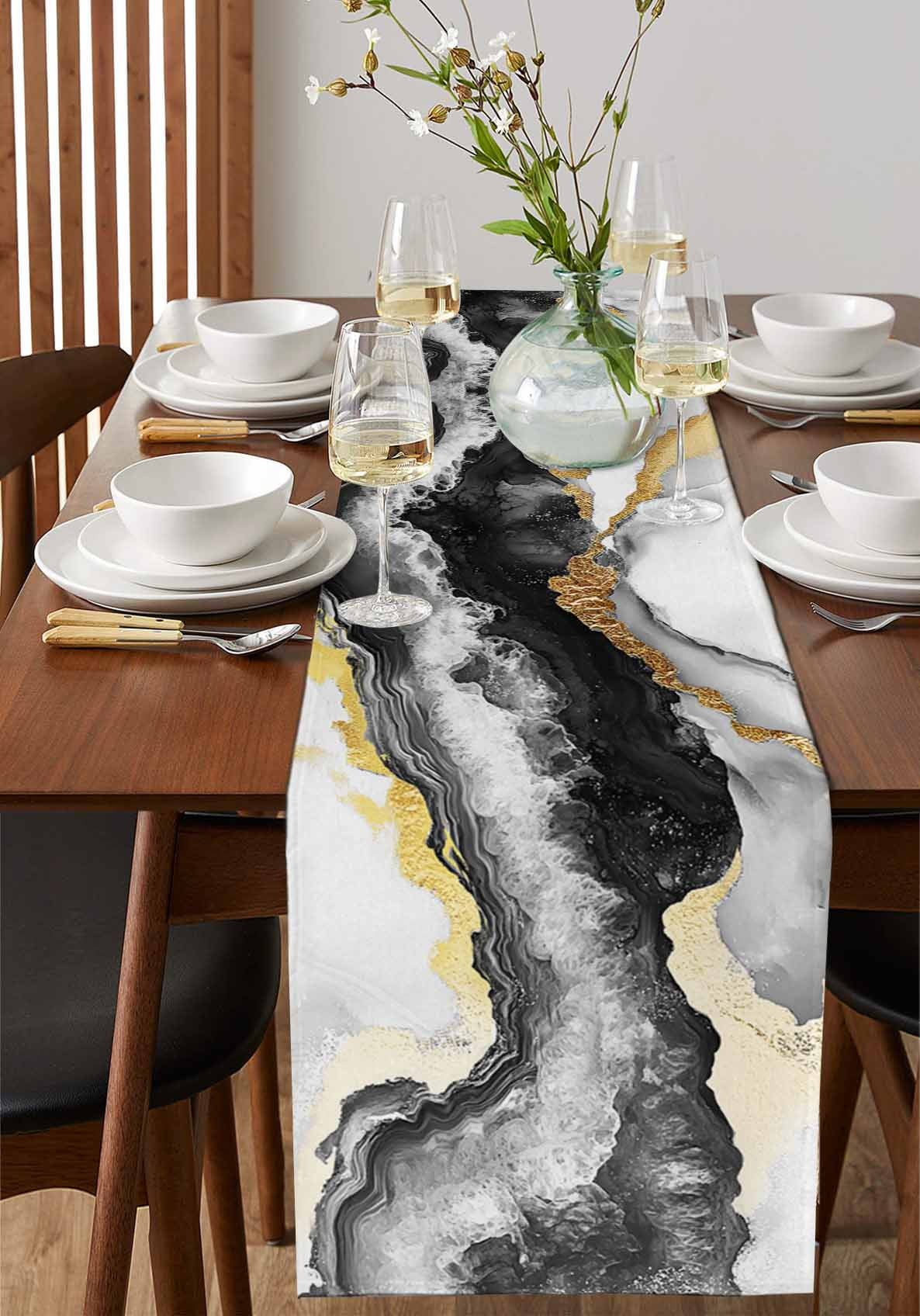Black Gold Marble Texture Table Runner 13x36in Non-Slip Cotton Linen ...