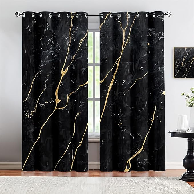 Black Gold Marble Texture Window Curtains, Luxurious Gold Crackle 3D Printed Drapes, Grommet ...