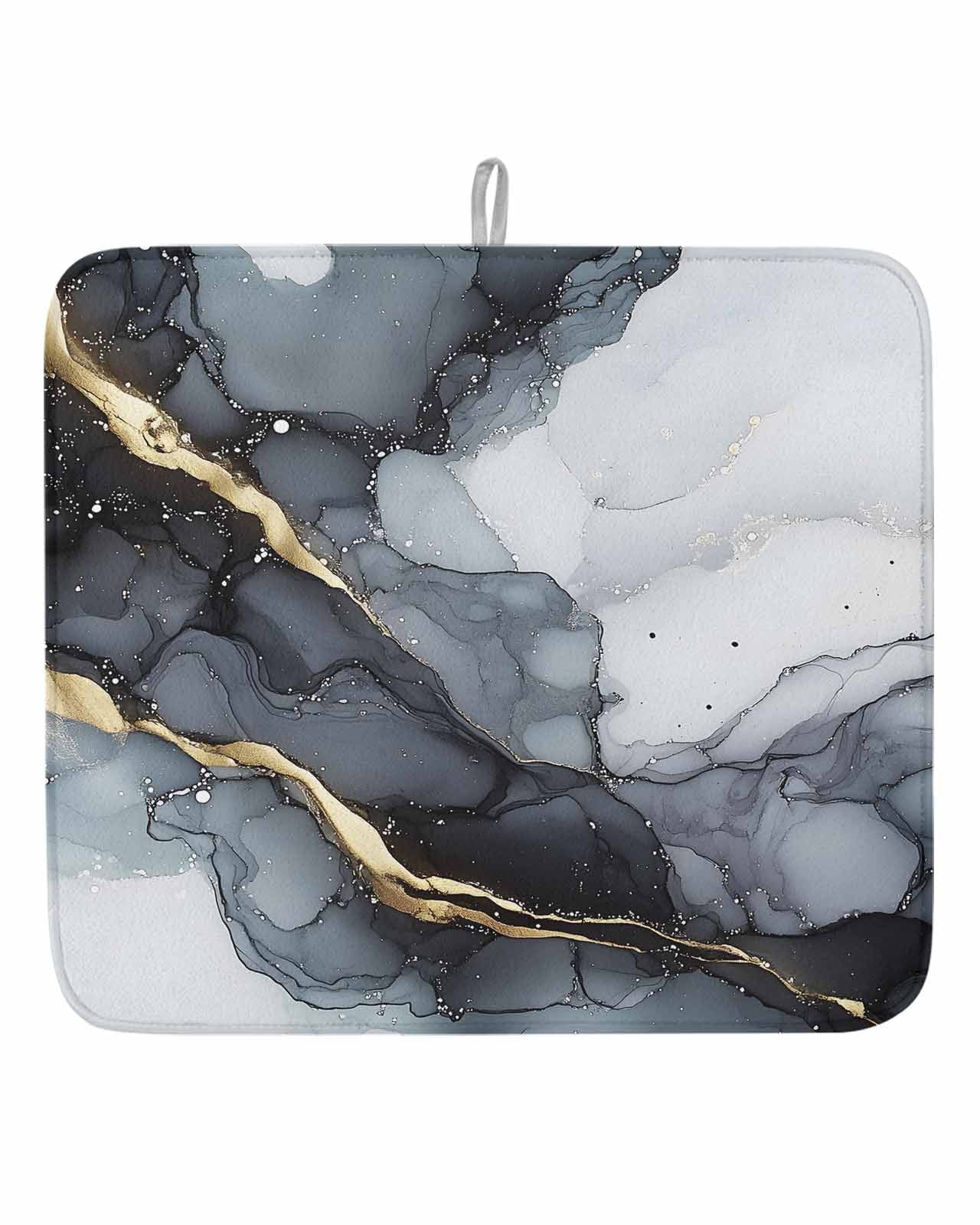 Black Gold Marble Textured Dish Drying Mat, Abstract Modern Art ...