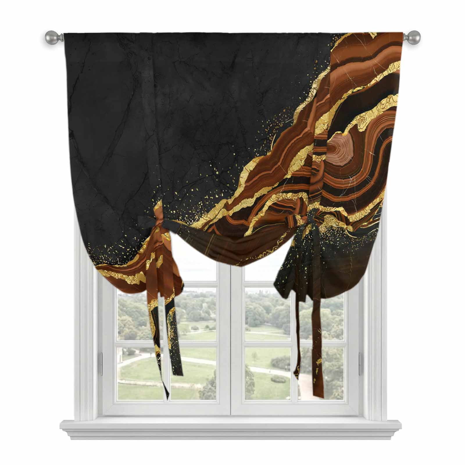 Black Gold Marble Tie Up Curtain 63 Inches Long, Brown Luxury Modern ...