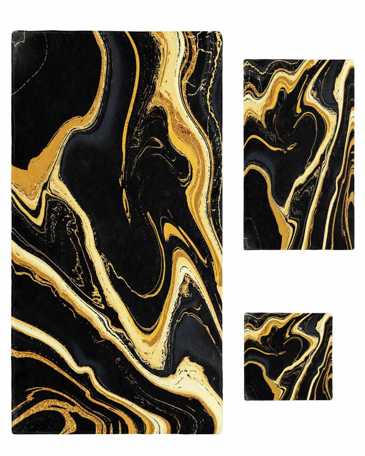 Black Gold Marble Towel Set of 3, Soft Microfiber Bath Towels, Hand ...