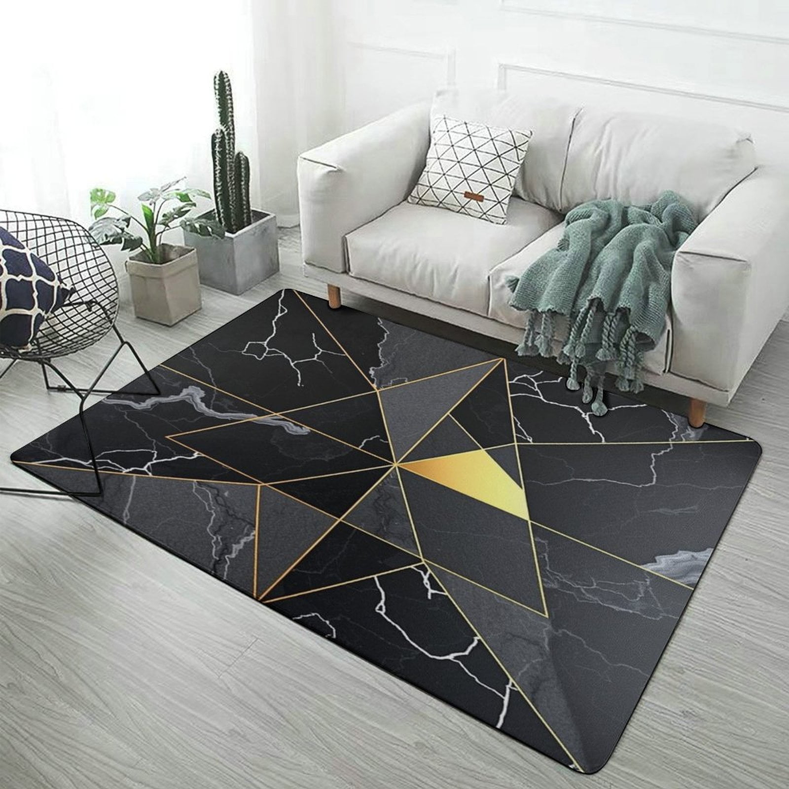 Black Gold Marble Triangular Geometry Carpet for Living Room Luxury ...