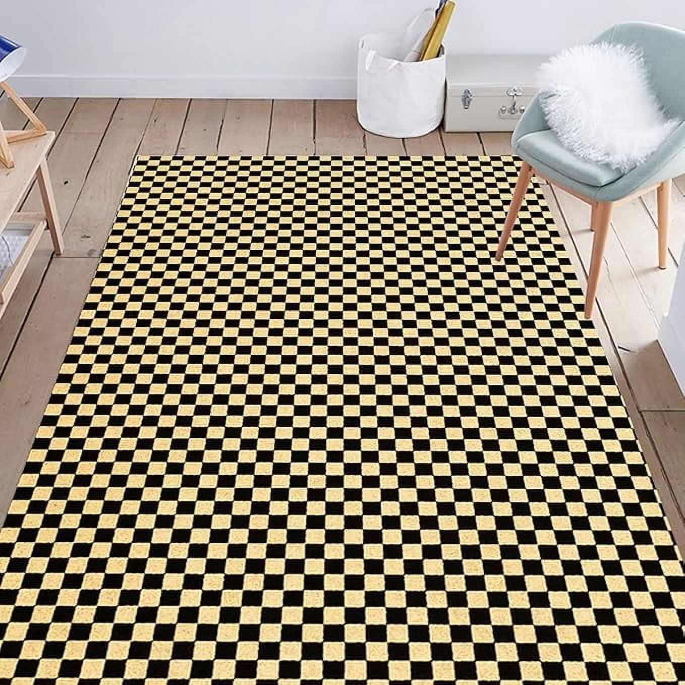 Black Gold Modern Checkered Area Rug For Living Room Bedroom Washable ...