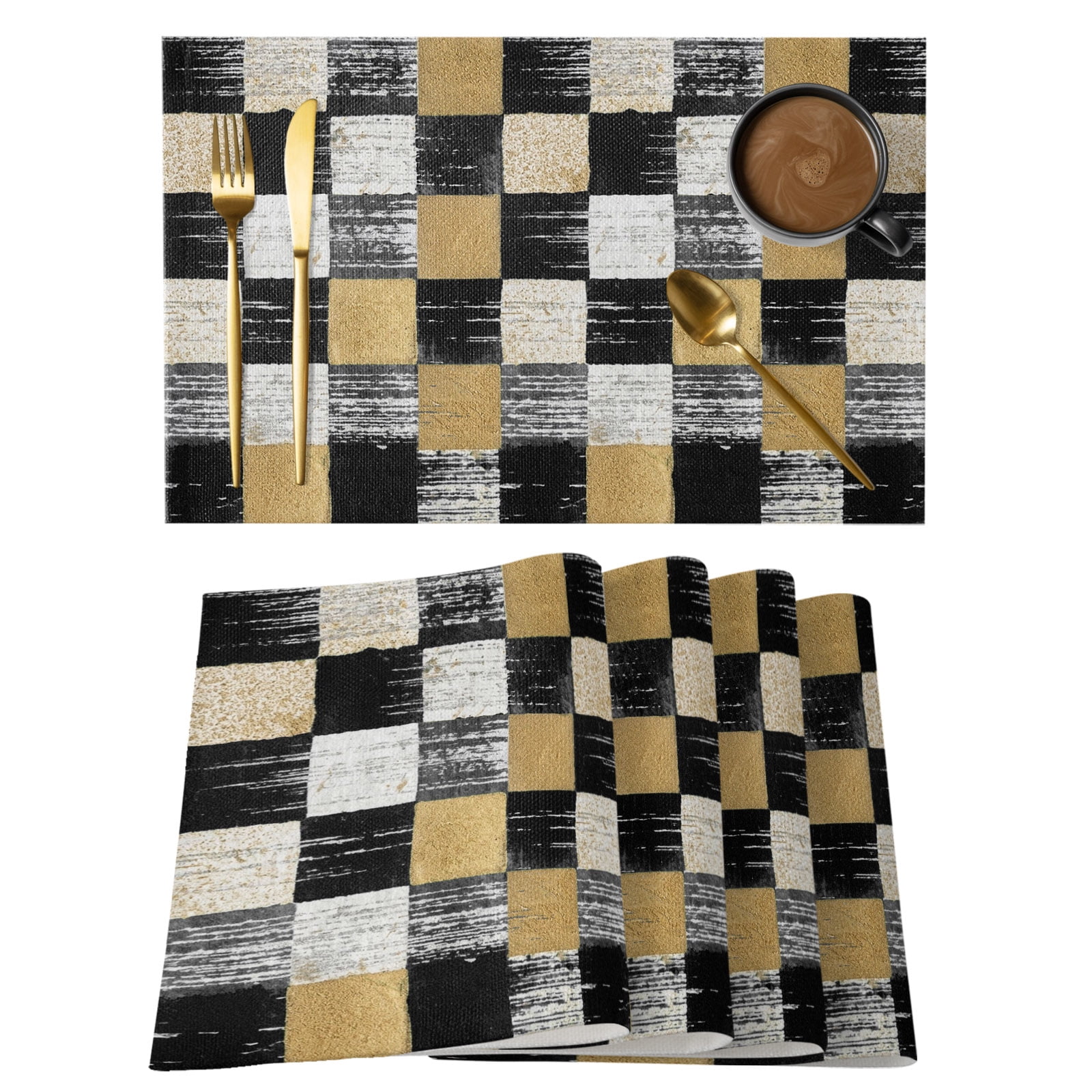 Black Gold Mosaic Cotton Linen Placemats Set of 12, Rustic Abstract ...