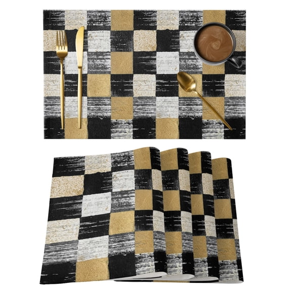 Black Gold Mosaic Cotton Linen Placemats Set of 8, Rustic Abstract ...