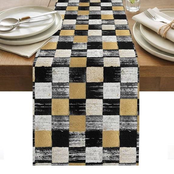 Black Gold Mosaic Cotton Linen Table Runner Rustic Abstract ...