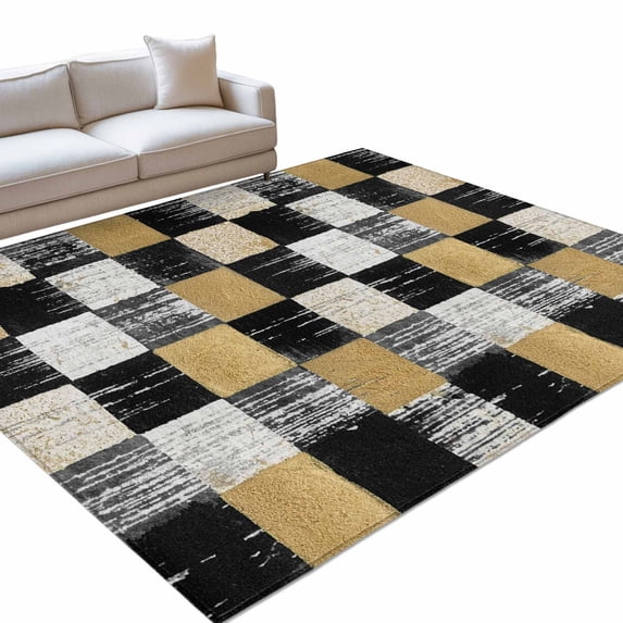 Black Gold Mosaic Large Area Rugs 6x9ft Rustic Abstract Checkerboard ...