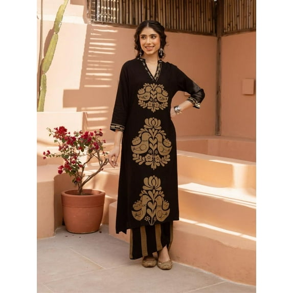 Black & Gold Motif Kurta Pant Set in German Rayon - Walmart.com