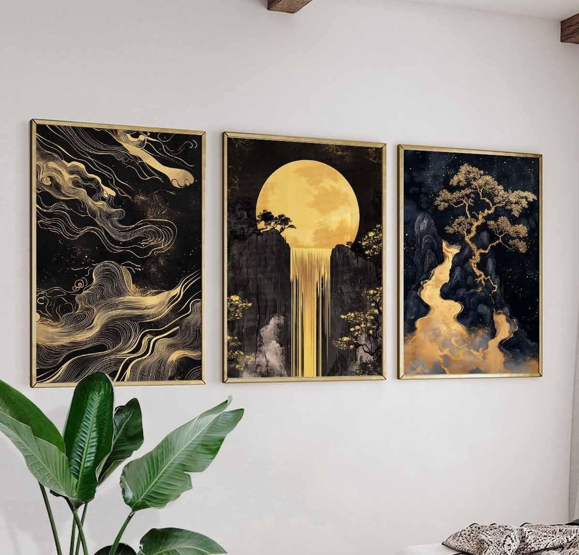 Black Gold Mountain Asian Landscape Golden Moon Waterfall Chinese ...