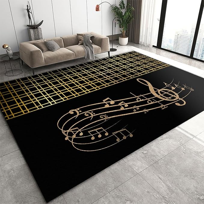 Black Gold Music Note Area Rug, Modern Music Lover Home Decor Rugs ...