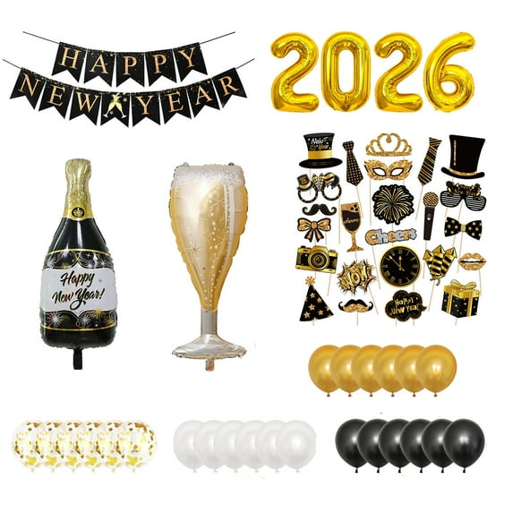 Black Gold New Years Eve Party Supplies 2026, Happy New Year Banner ...