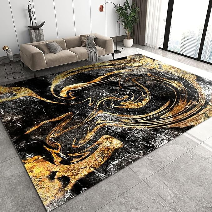 Black Gold Pattern Area Rug, Luxury Home Decor Rug, Easy Clean Carpet ...