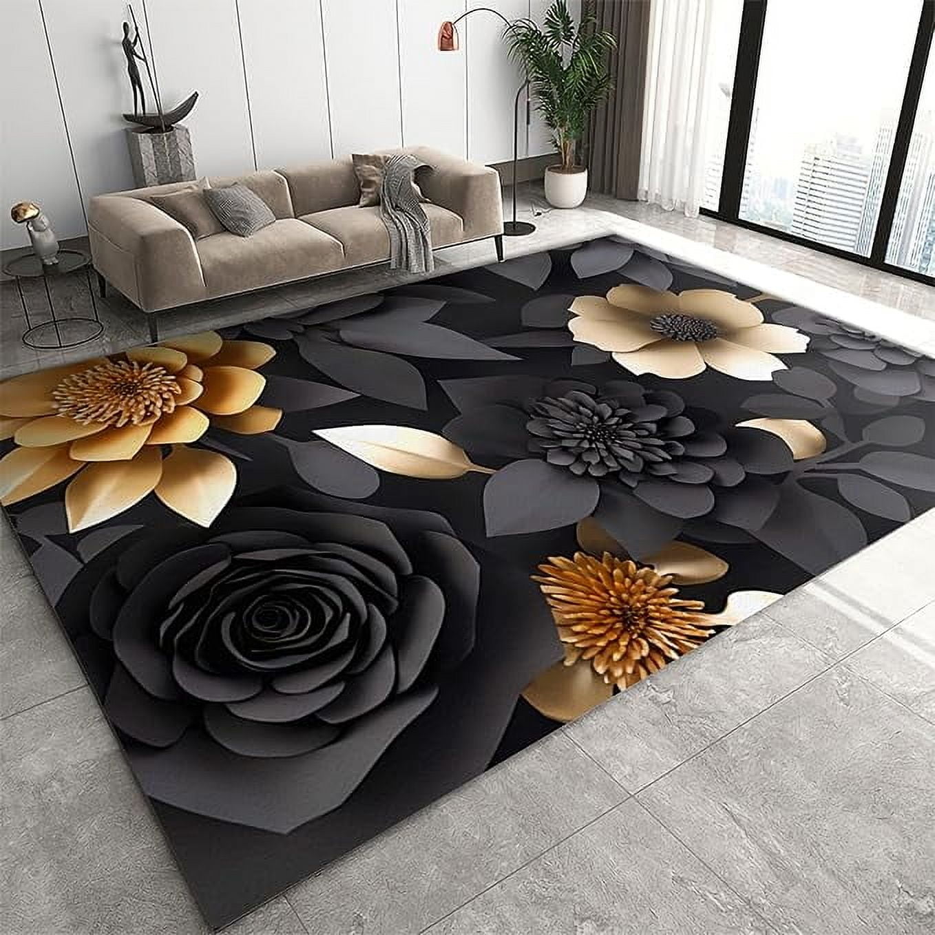 Black Gold Plant Leaves Area Rug, European Tropical Flower Art Large ...