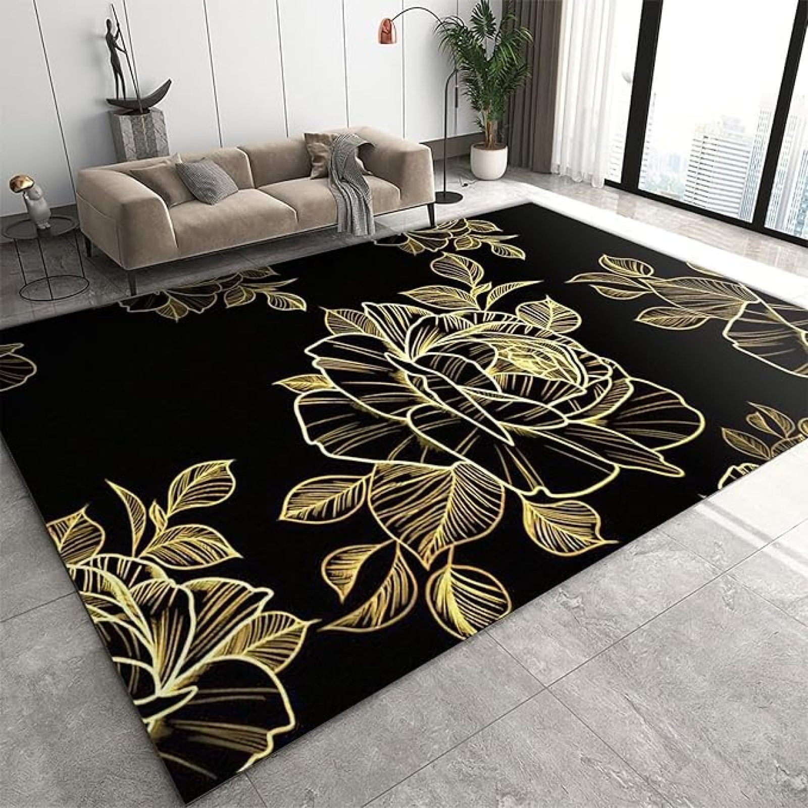 Black Gold Plant Leaves Area Rug, Leaves With Golden Stripes Non-Slip ...