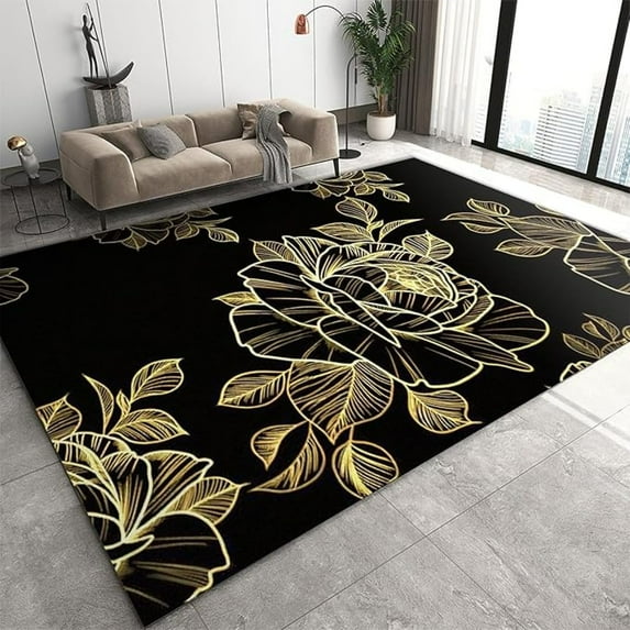 Black Gold Plant Leaves Area Rug, Leaves With Golden Stripes Non-Slip ...