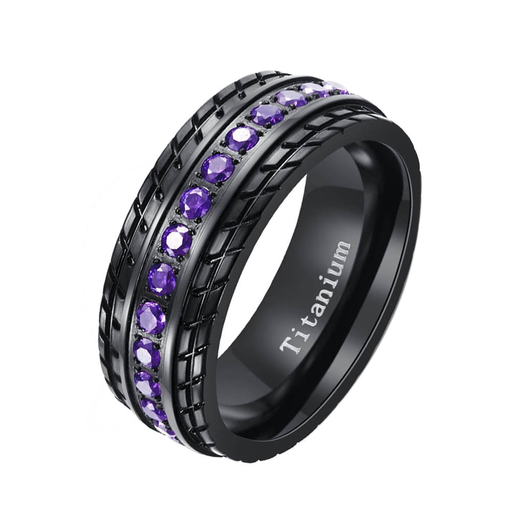 Black Gold Plated 8mm Purple AAA CZ Titanium Steel Mens Ring Men ...