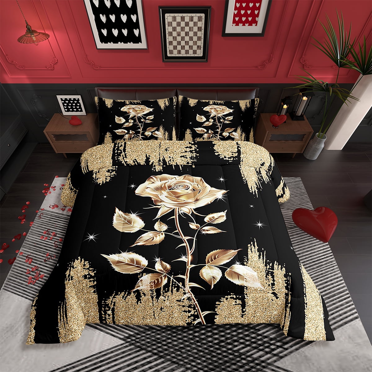Black Gold Print Shiny Comforter Set , Rose Bedding for Women,Galaxy ...