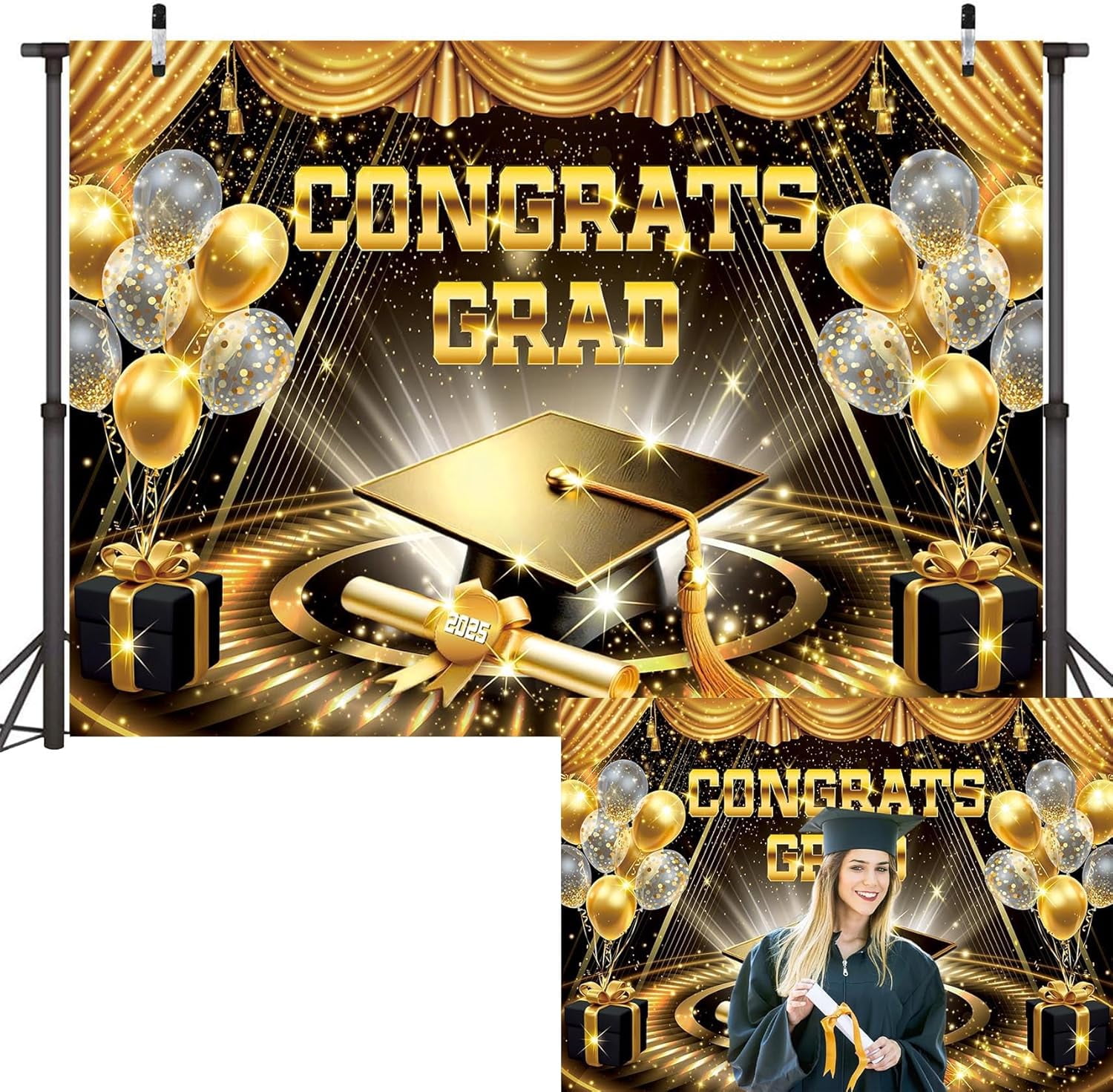 Black Gold Prom 2025 Graduation Backdrop Congrats Grad Photography ...