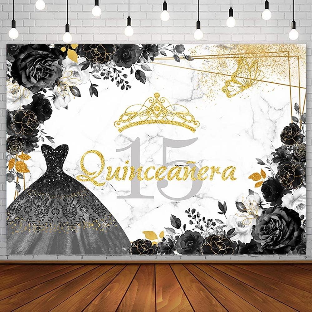 Black Gold Quinceanera Birthday Backdrop for Sweet Girl Princess Mis ...