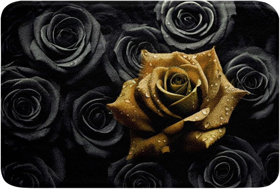 Black and Gold Rose Bath Rugs Romantic Floral Bathroom Rugs,3D Roses ...