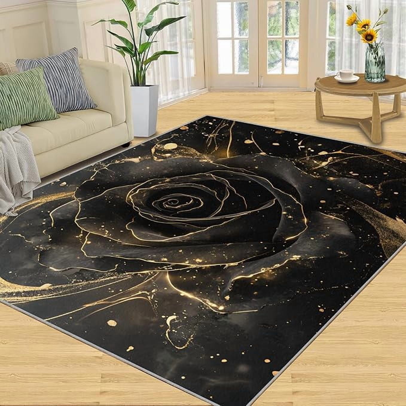 Black Gold Rose Rug, Luxury Flower Area Rugs for Living Room, Flower ...