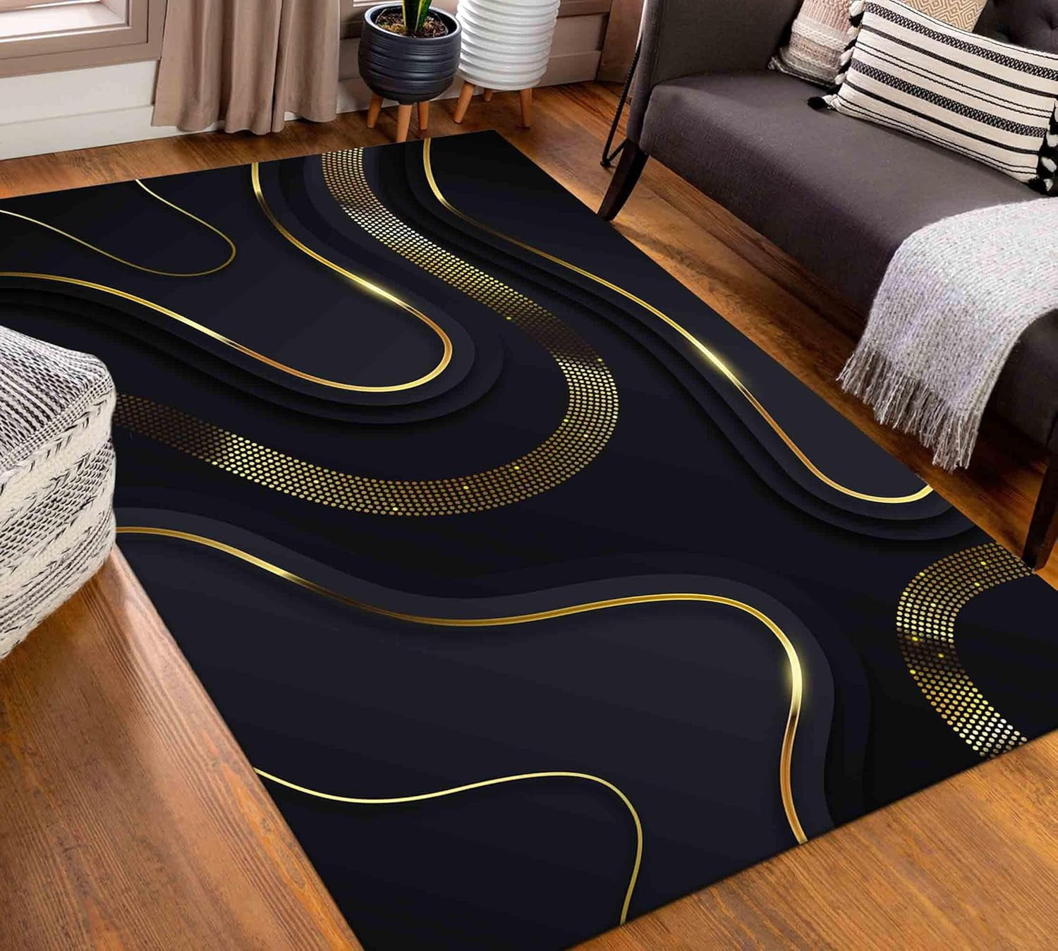 Black And Gold Rug, Abstract Rugs, Modern Anti-Slip Corridor Luxury Rug ...
