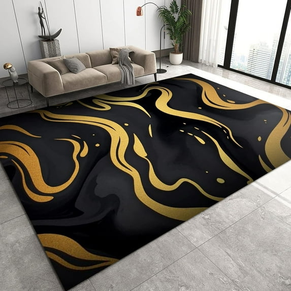 Black and Gold Rug, Waves Curves Rugs for Living Room, Fade Resistant ...