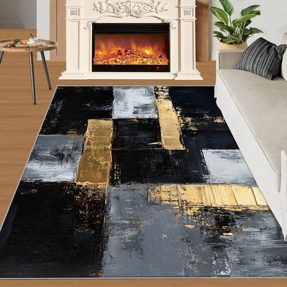 Black Gold Rugs for Bedroom, Geometry Area Rug, Modern Rug for Kitchen ...