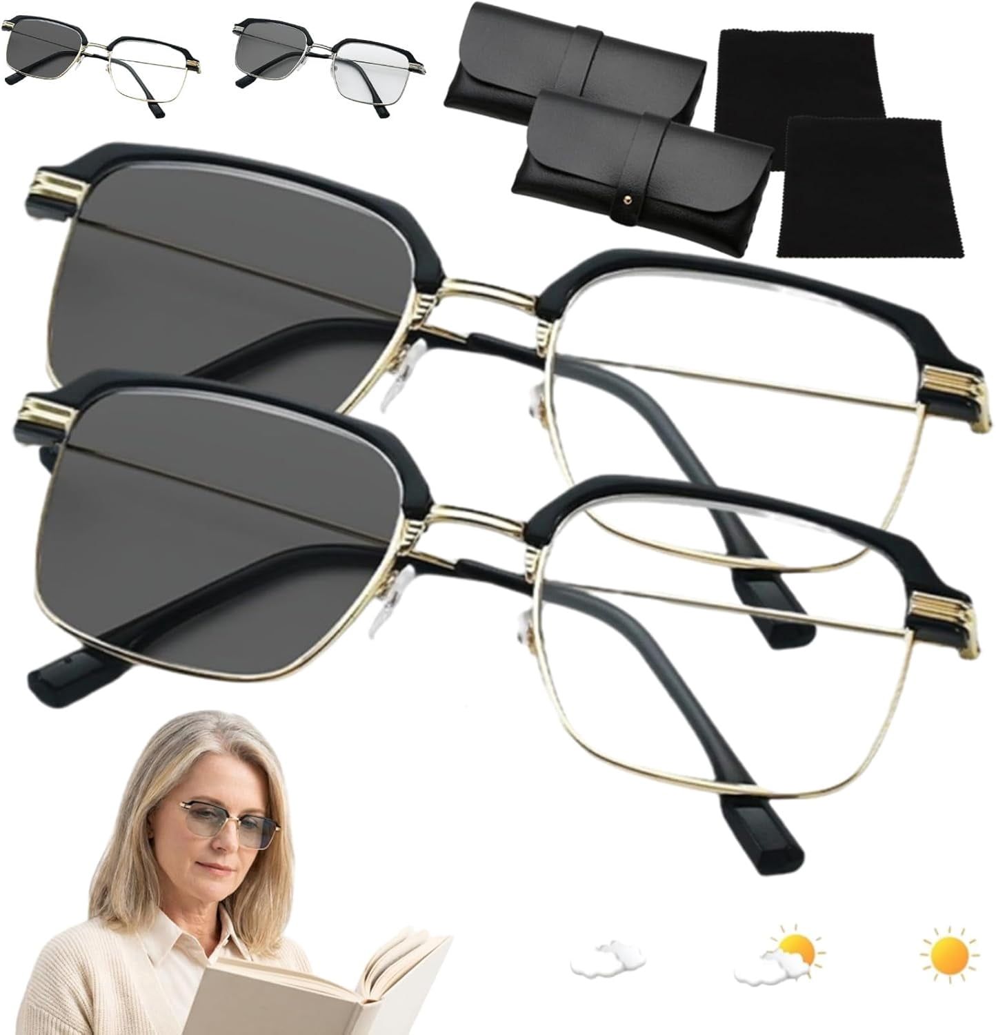 Black & Gold Semi-Rimless Crystal Clear Focus Reading Glasses for Men ...