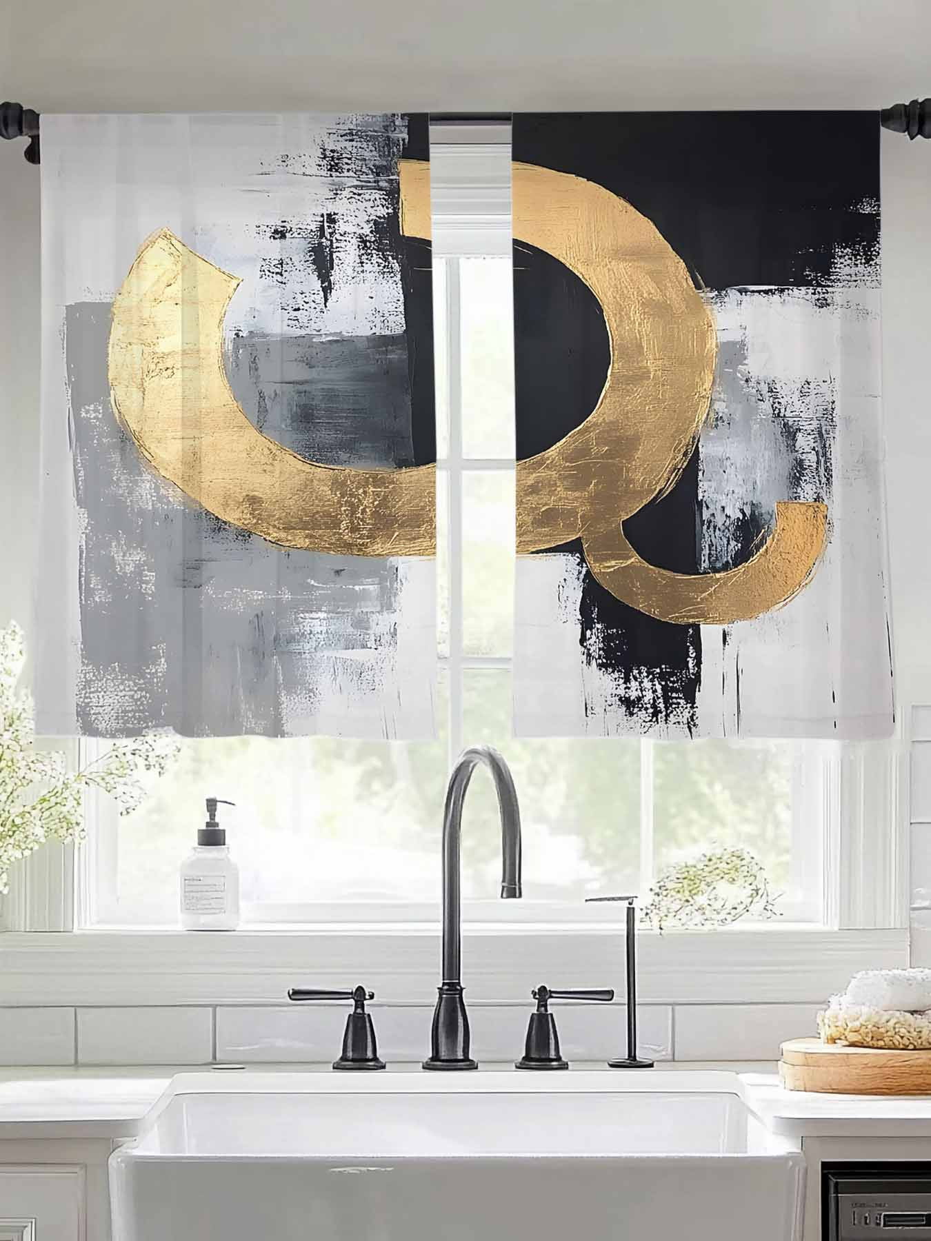 Black Gold Sheer Curtains 45 Inches Long 2 Panels Watercolor Geometric ...