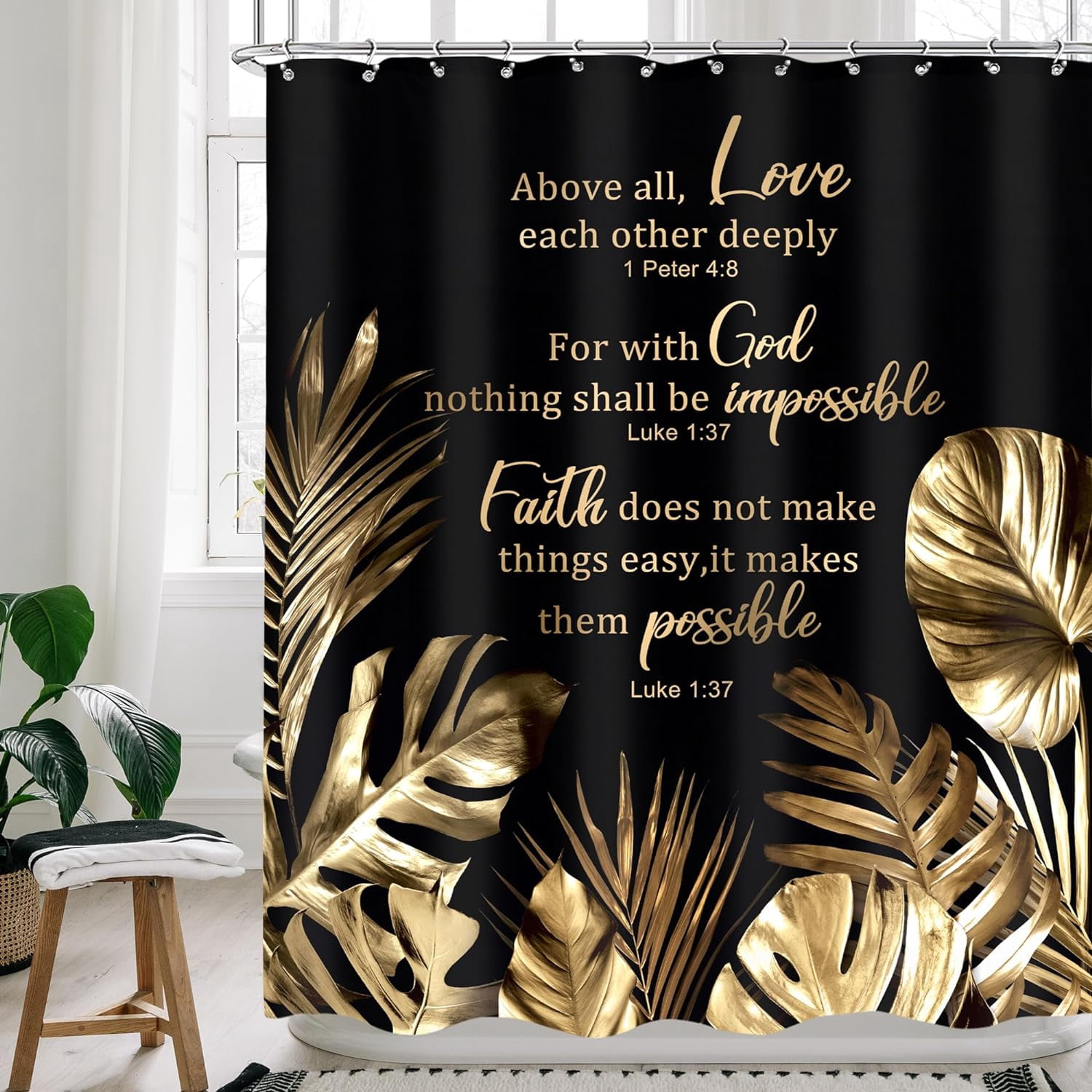 Black and Gold Shower Curtain 72"W x 72"L Christian Tropical Palm ...
