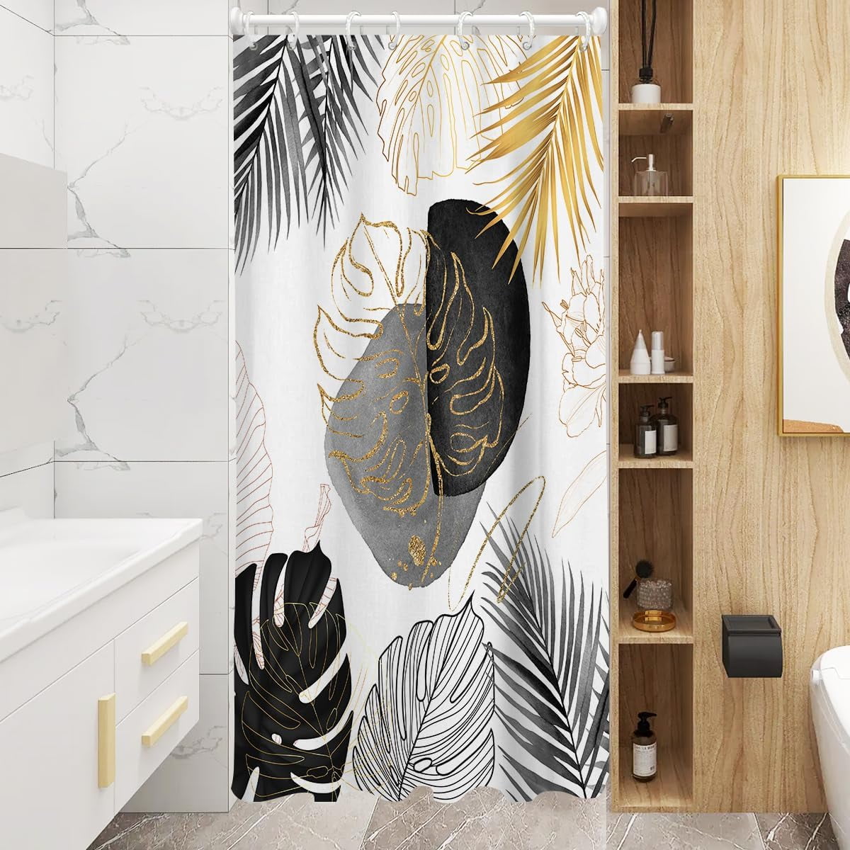 Black and Gold Shower Curtain Abstract Boho White Grey Leaves Palm Leaf ...